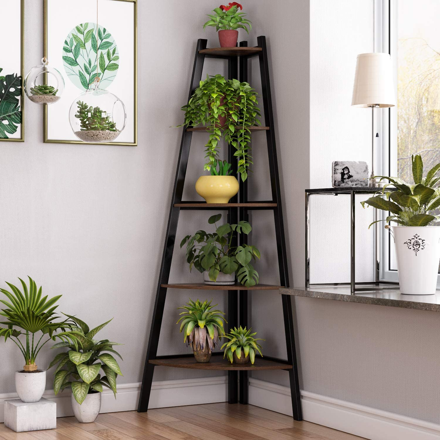Homfa Corner Shelf 5 Tier Rustic Corner Bookshelf Industrial Corner Ladder Shelf Small Bookcase Plant Stand for Living Room